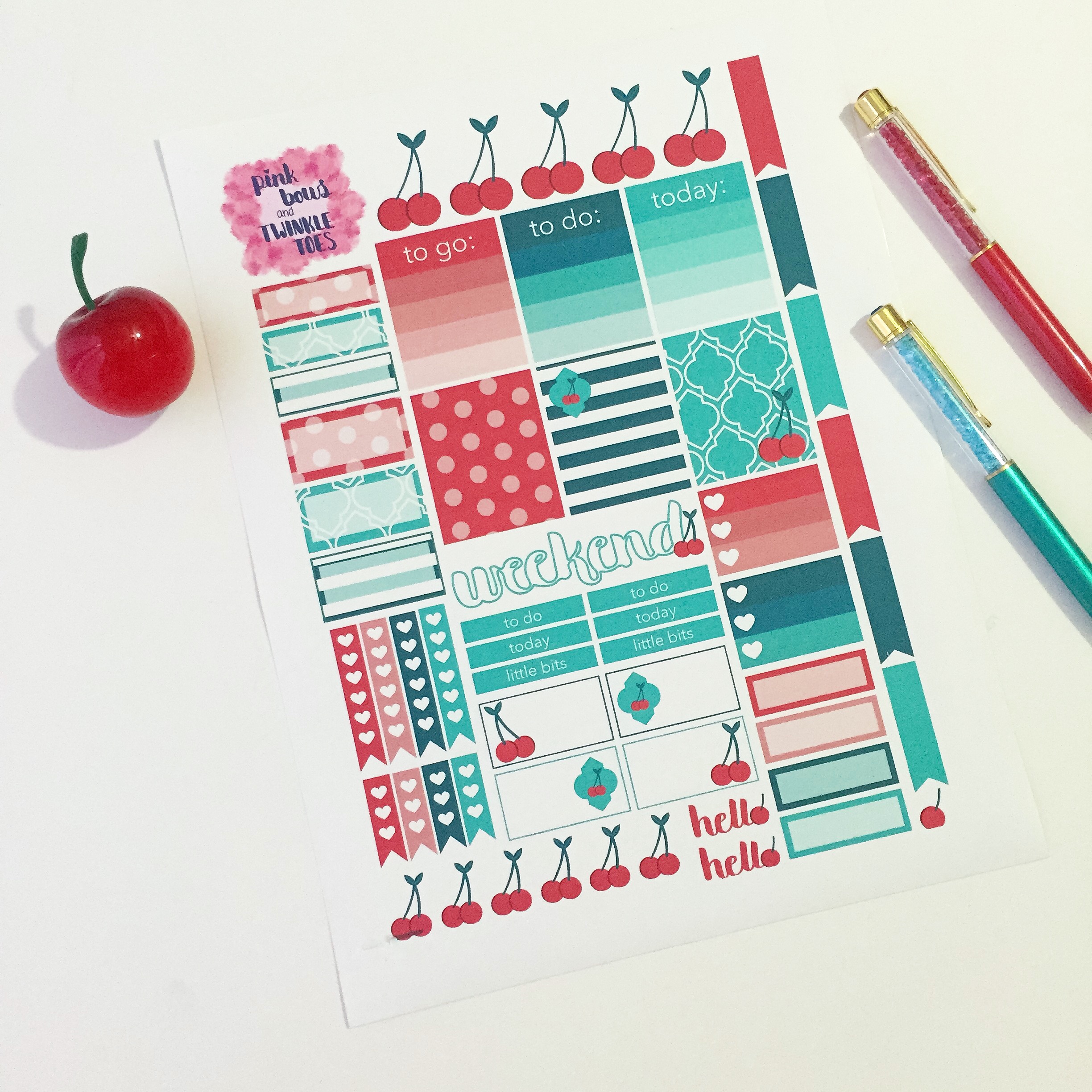 Cheery Cherries Planner Stickers: Free Printable - Pink Bows & Twinkle Toes